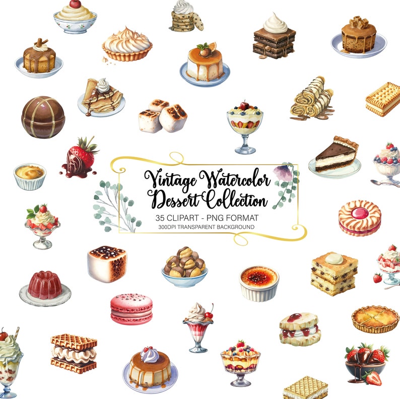 Vintage Watercolor Desserts Clipart, Bakery Pudding Dessert 35 PNG ...