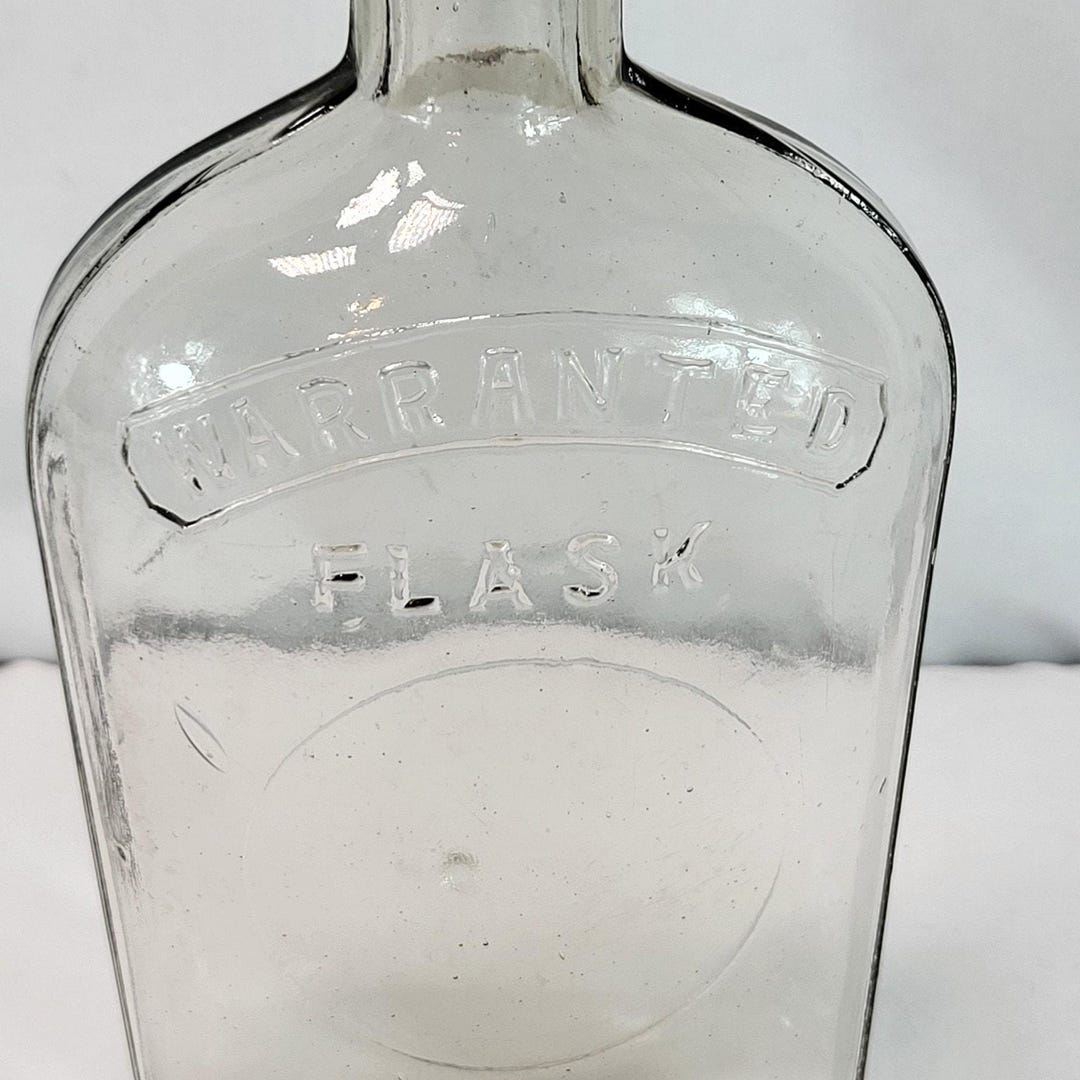 Warranted Flask 14oz Whiskey Clear Glass Embossed Strap Side Bottle VTG ...