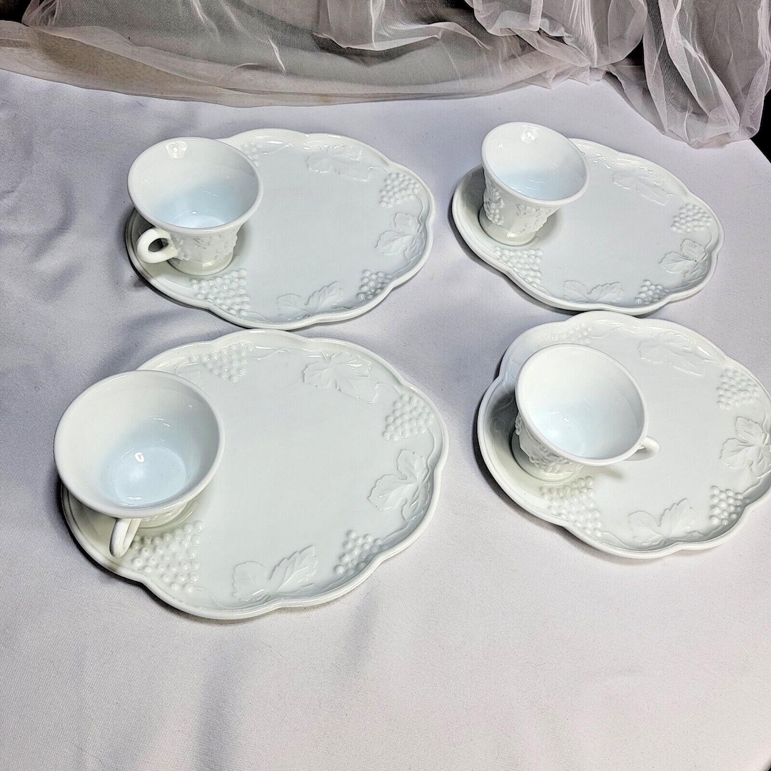 Colony Harvest Milk Glass Luncheon Snack Plate & Teacup Set Vintage ...