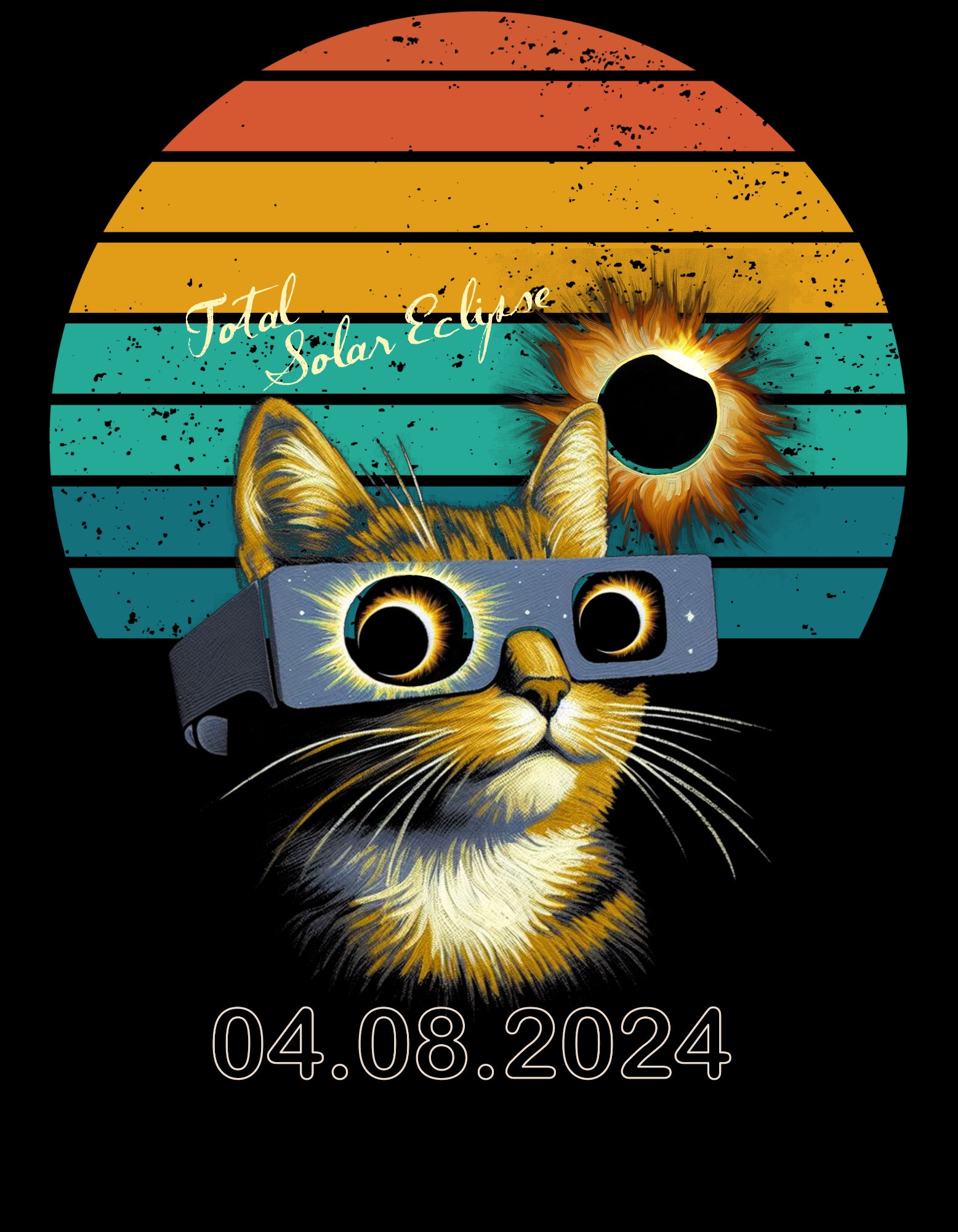 Retro Great American Total Solar Eclipse Kitty Cat 2024 Graphic T Tee ...