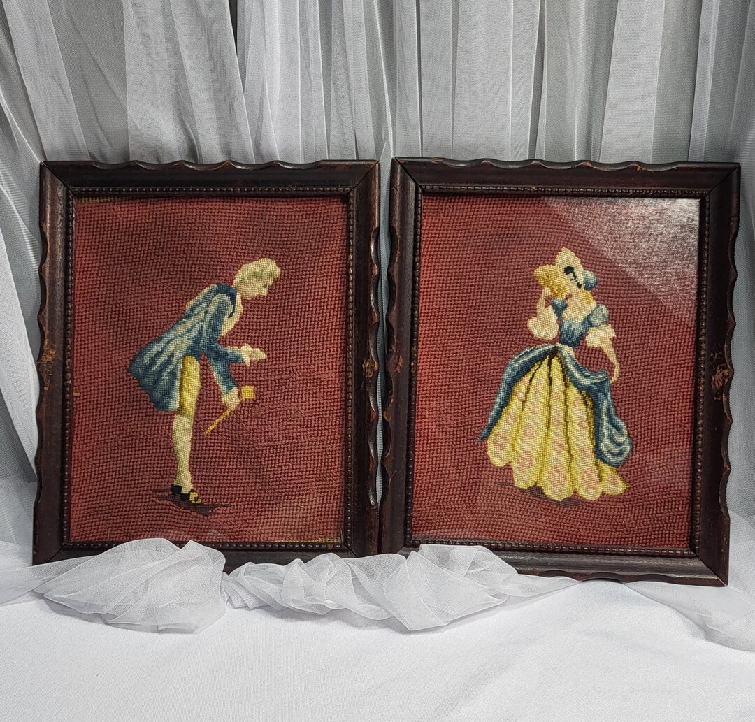 Regency Dancing Courting Couple Vintage Handmade Framed Needlepoint Set ...