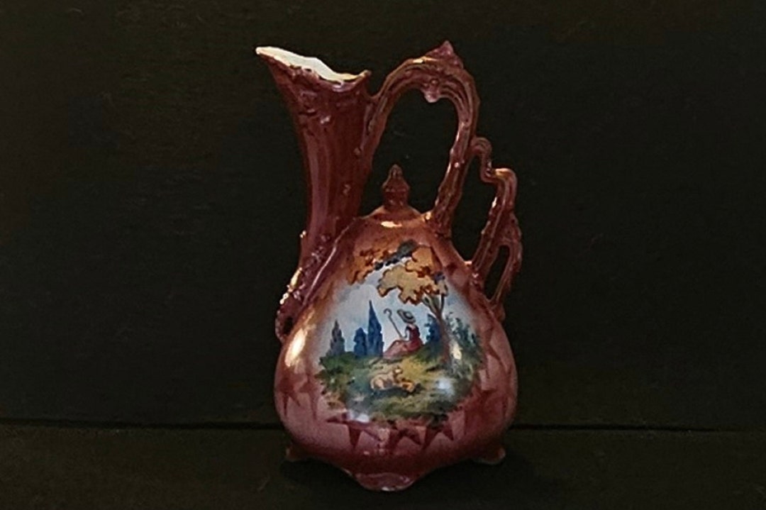 Czechoslovakia Brick Red Pitcher, Girl and Sheep Design - Etsy