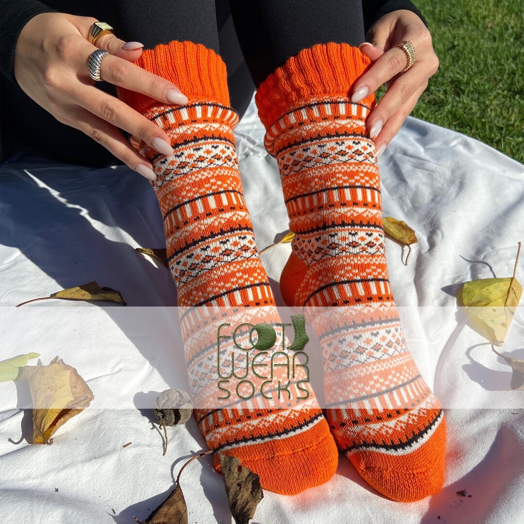 Orange Nordic Wool Socks, Norwegian Warm Socks for Women, Thermal Socks ...