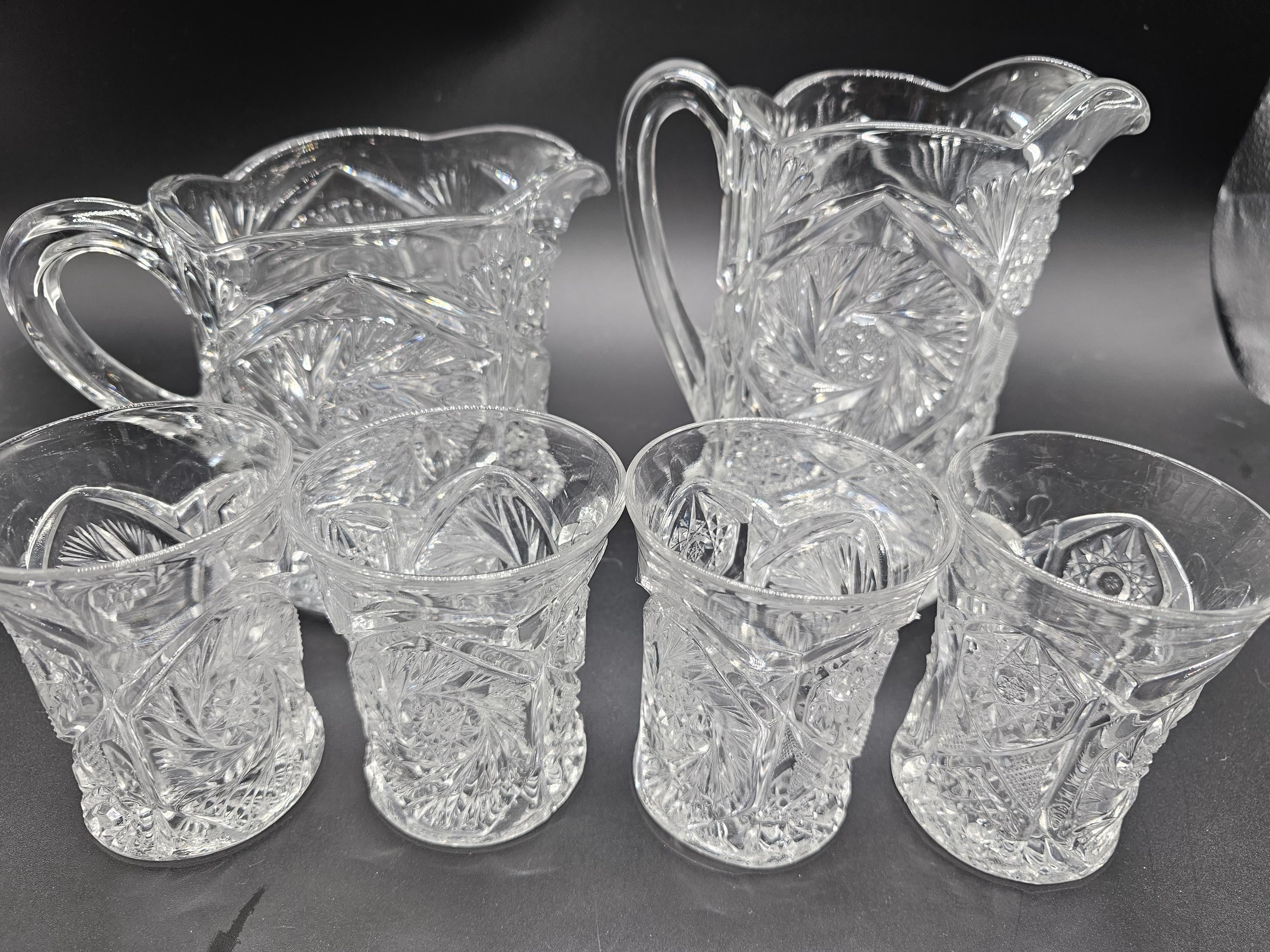 2 Vintage American Brilliant Cut Glass Pitchers With 4 Glasses Lot Set ...