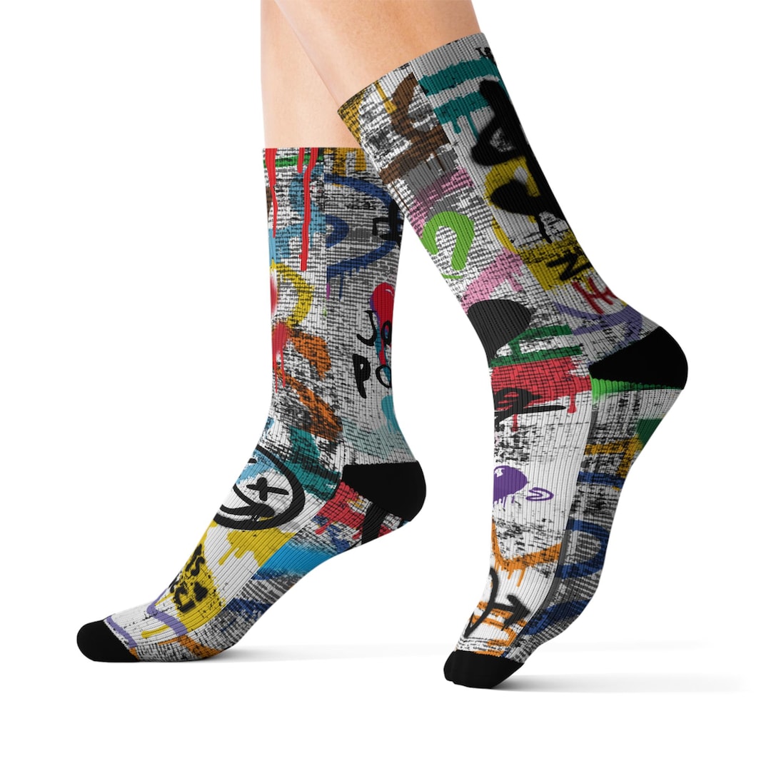 Graffiti Collage Sublimation Socks, Colorful Street Art Crew Length ...