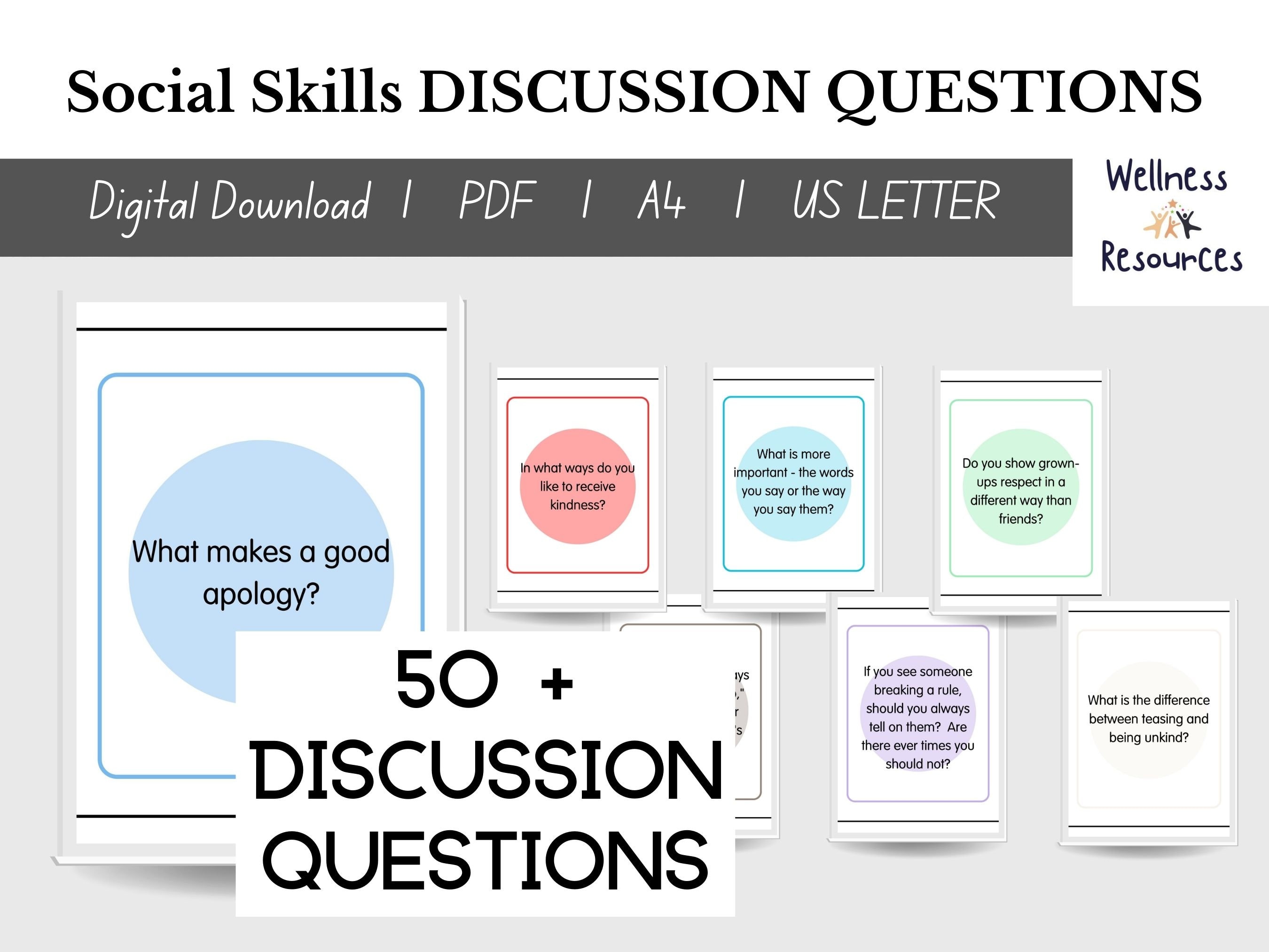 Social Skills Discussion Questions, Printable Flashcards for Kids and ...