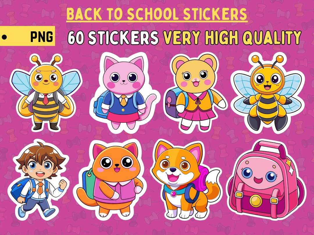 Back to School Sticker Pack Cats, Dogs, Bees and School Bags, Cute ...