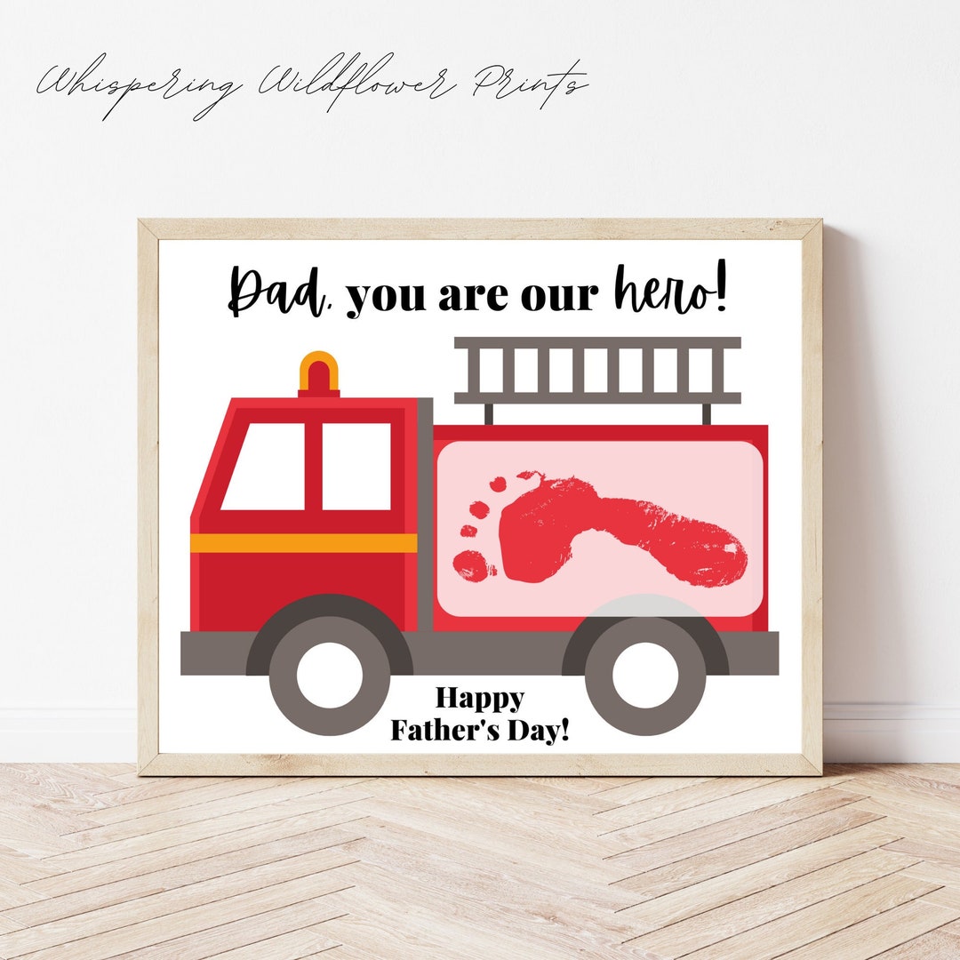 Firefighter Father's Day Gift From Child, Fire Truck Handprint Art ...