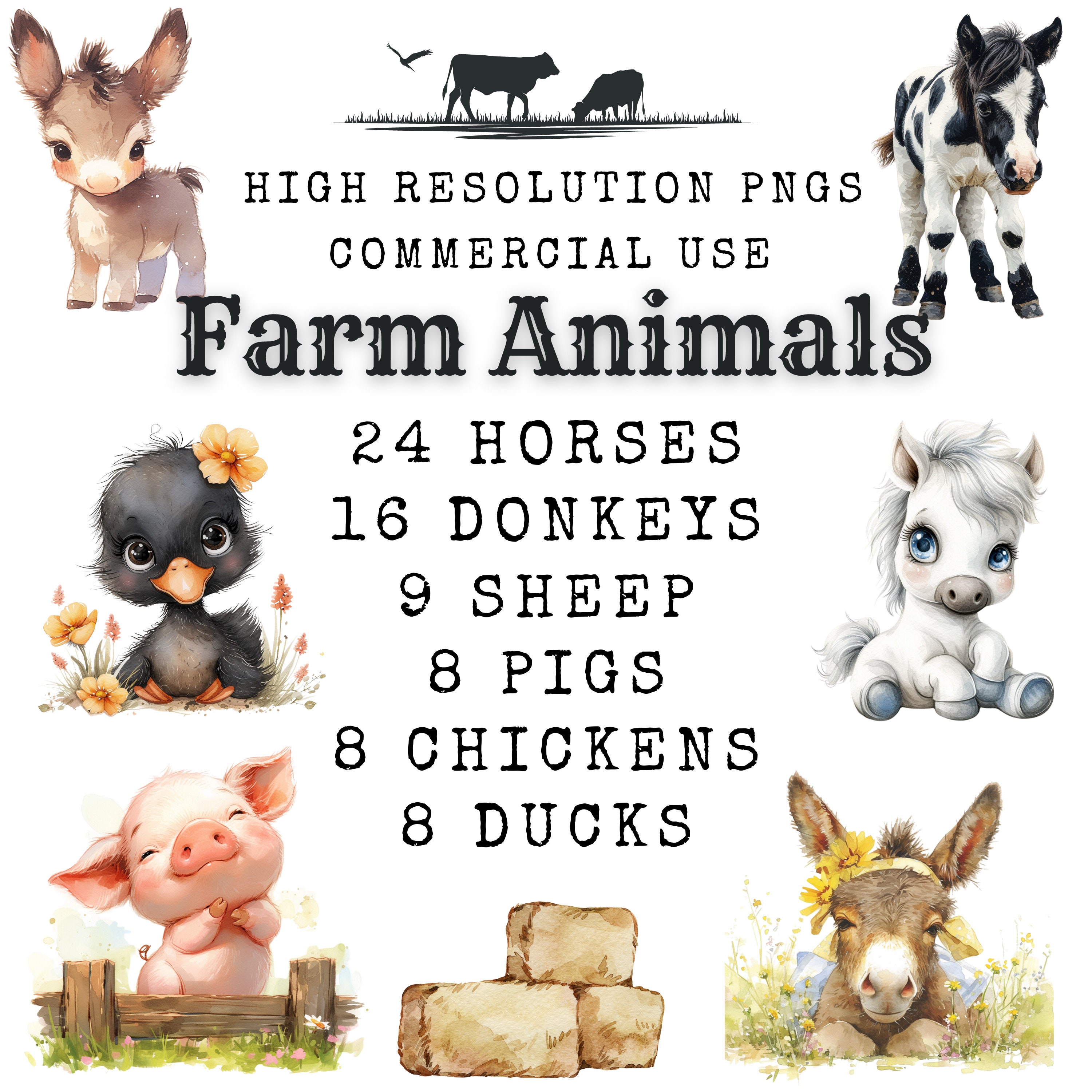 Cute Farm Clipart, Farm Animals, Watercolor Digital Clipart, Farm ...