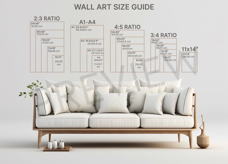 4 Wall Art Size Guides Bundle, Japandi Picture Size Chart, Frame ...