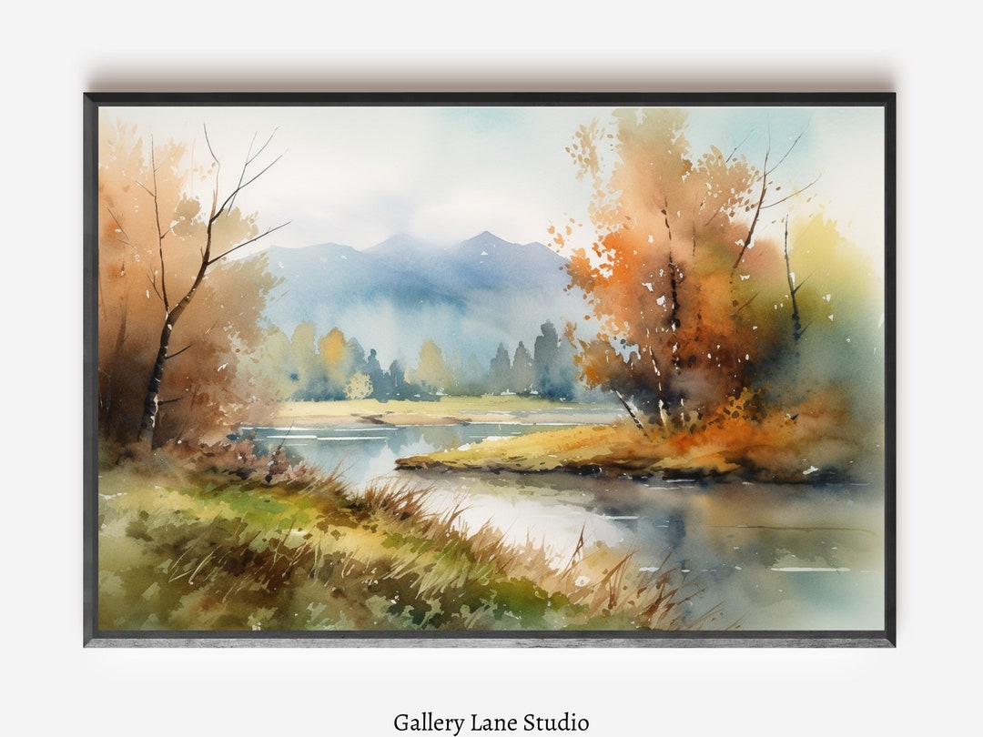Watercolor Riverside Tree Landscape Painting Wall Decor Unique - Etsy