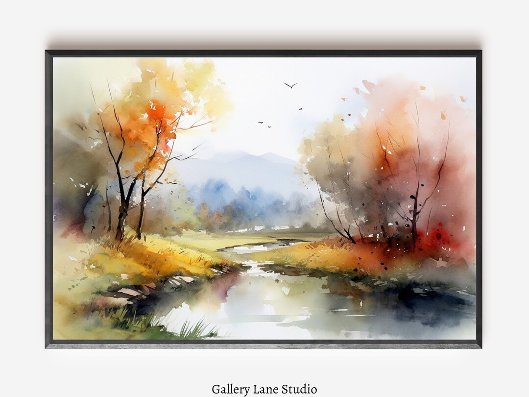 Watercolor Riverside Tree Landscape Painting Wall Decor Unique - Etsy
