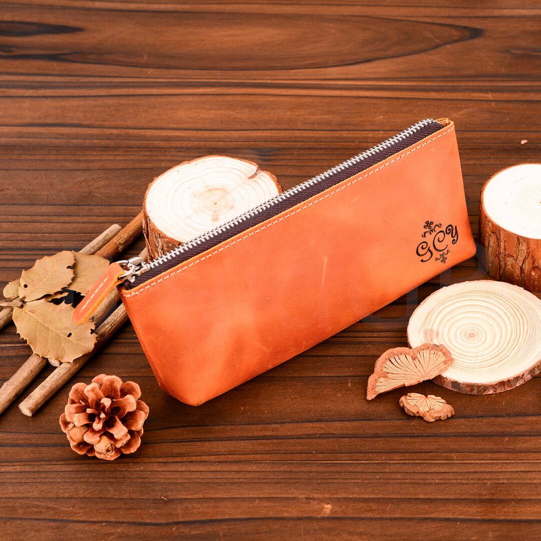 Hand Crafted Top Grain Leather Zip Pen Case, Personalized Pencil Bag ...