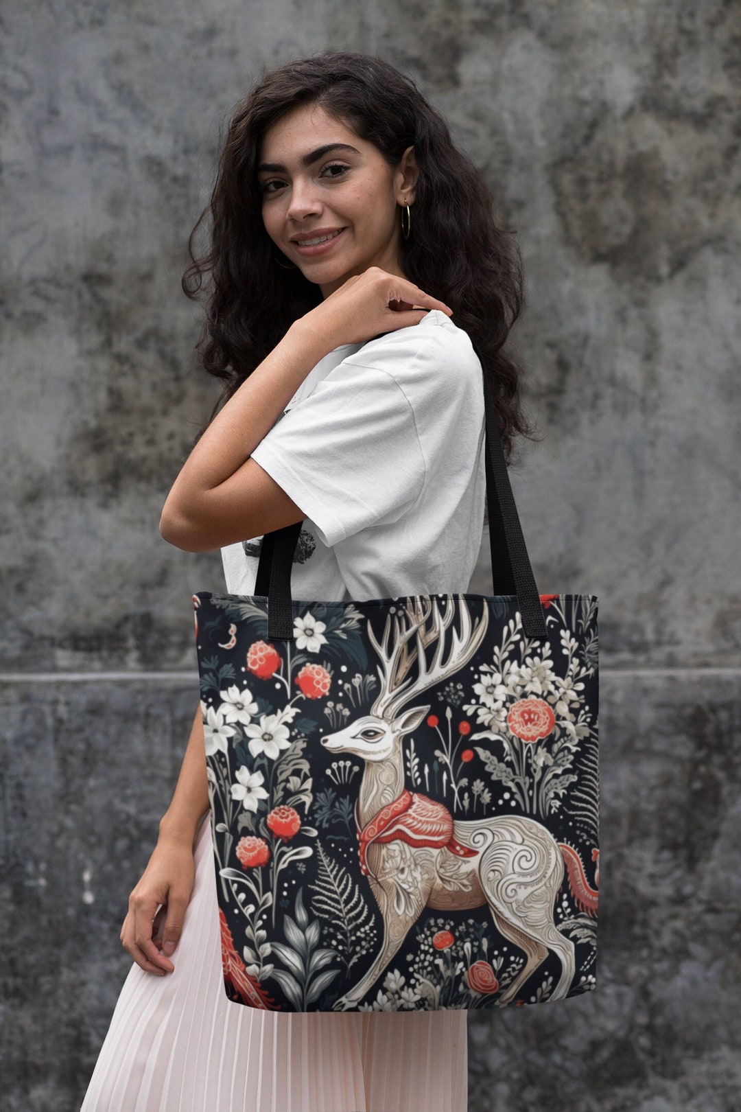 Modern Deer Tote Bag With Flowers, Stylish Floral Deer Print Handbag ...