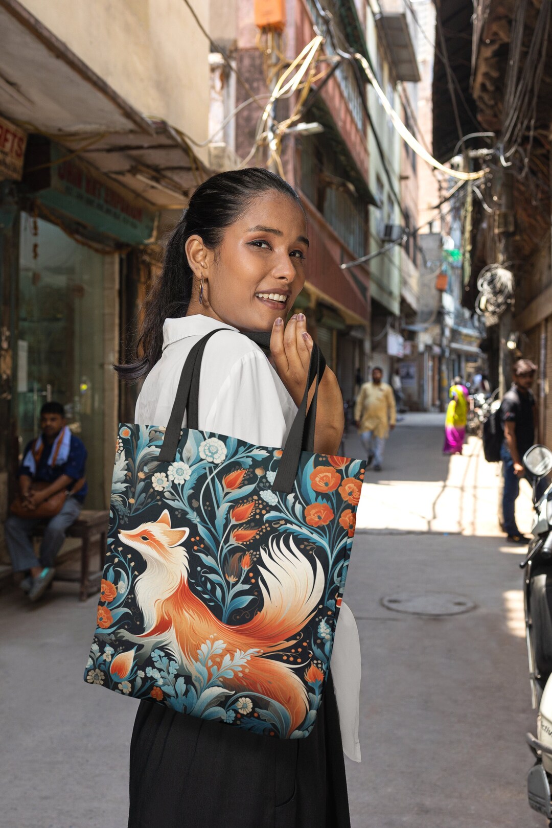 Fox Design Tote Bag Unique Art Handbag Modern Fox Lover Gift Textiled ...