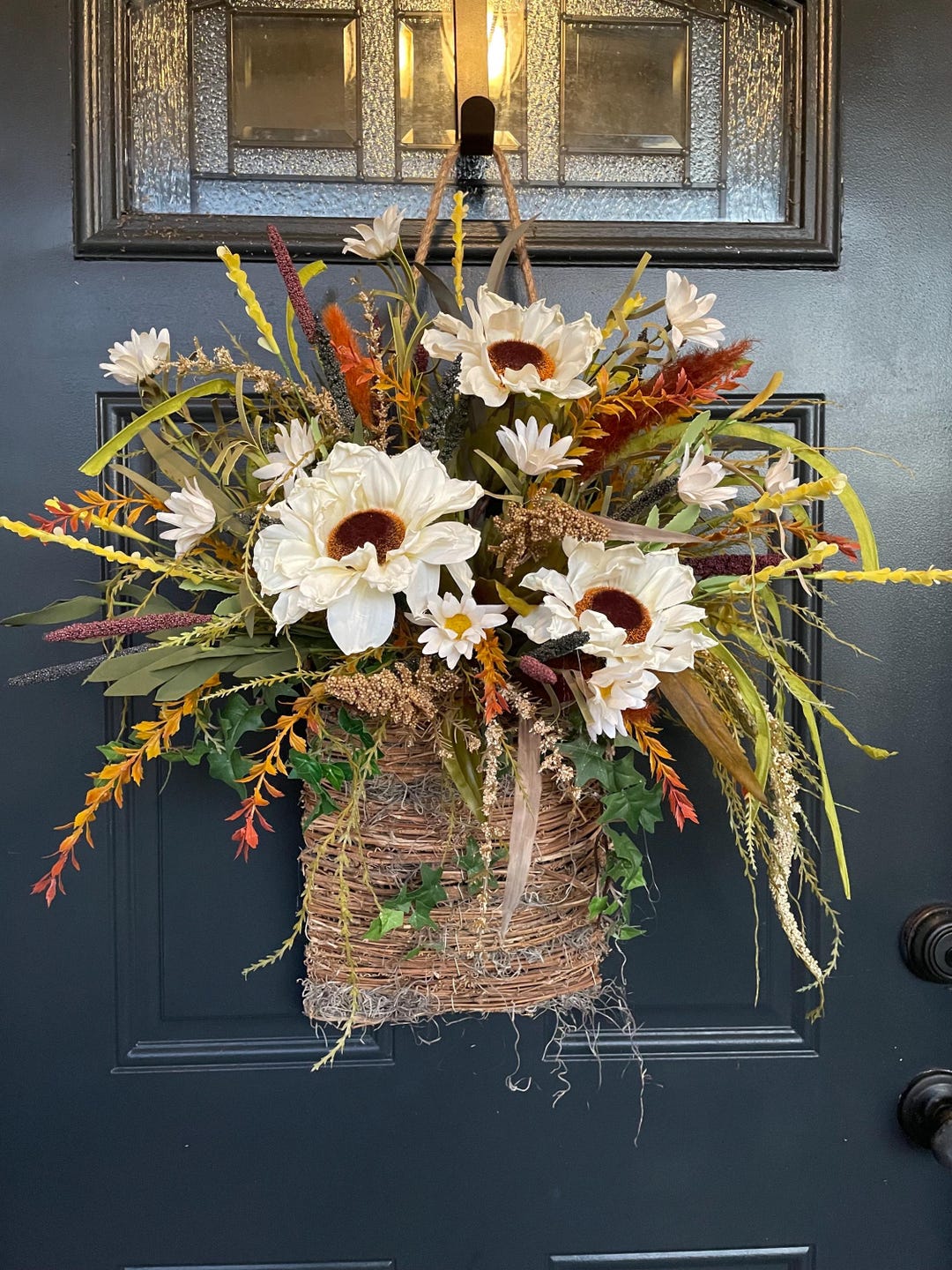 Farmhouse Neutral Sunflower Door Hanger, White Sunflower Front Door ...