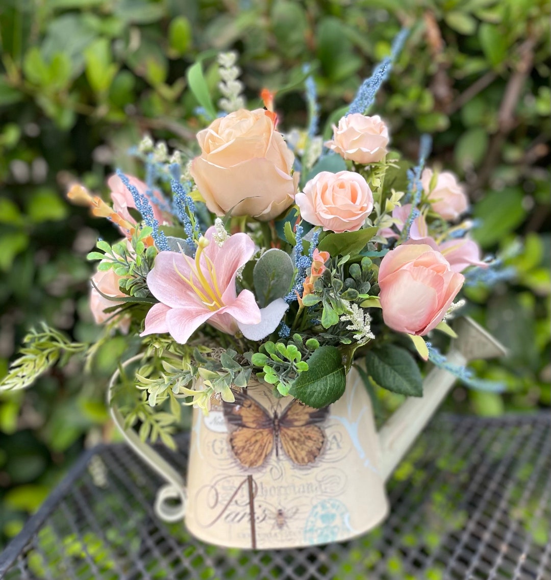 Spring, Summer Watering Can Floral Arrangement, French Country Neutral ...