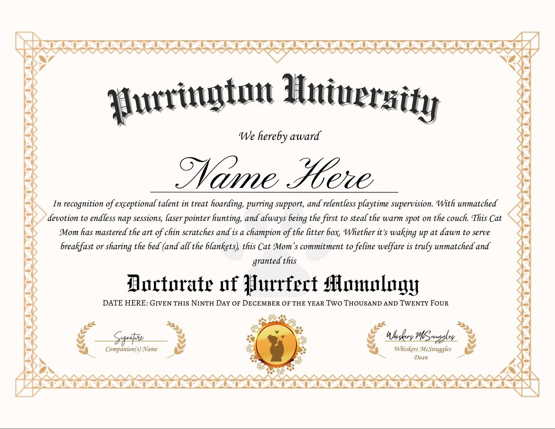 Custom Cat Mom Degree – Fun Pet Certificate Diploma Personalized Gift ...