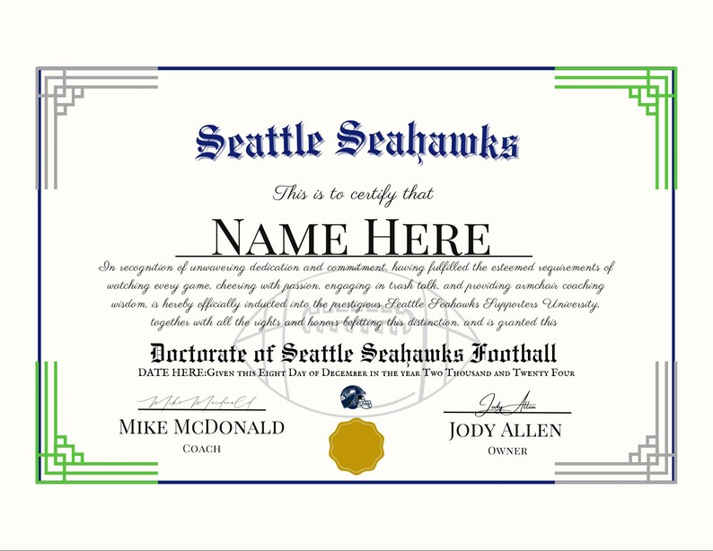 Seattle Seahawks Football Gift for Sports Fans Personalized Custom ...