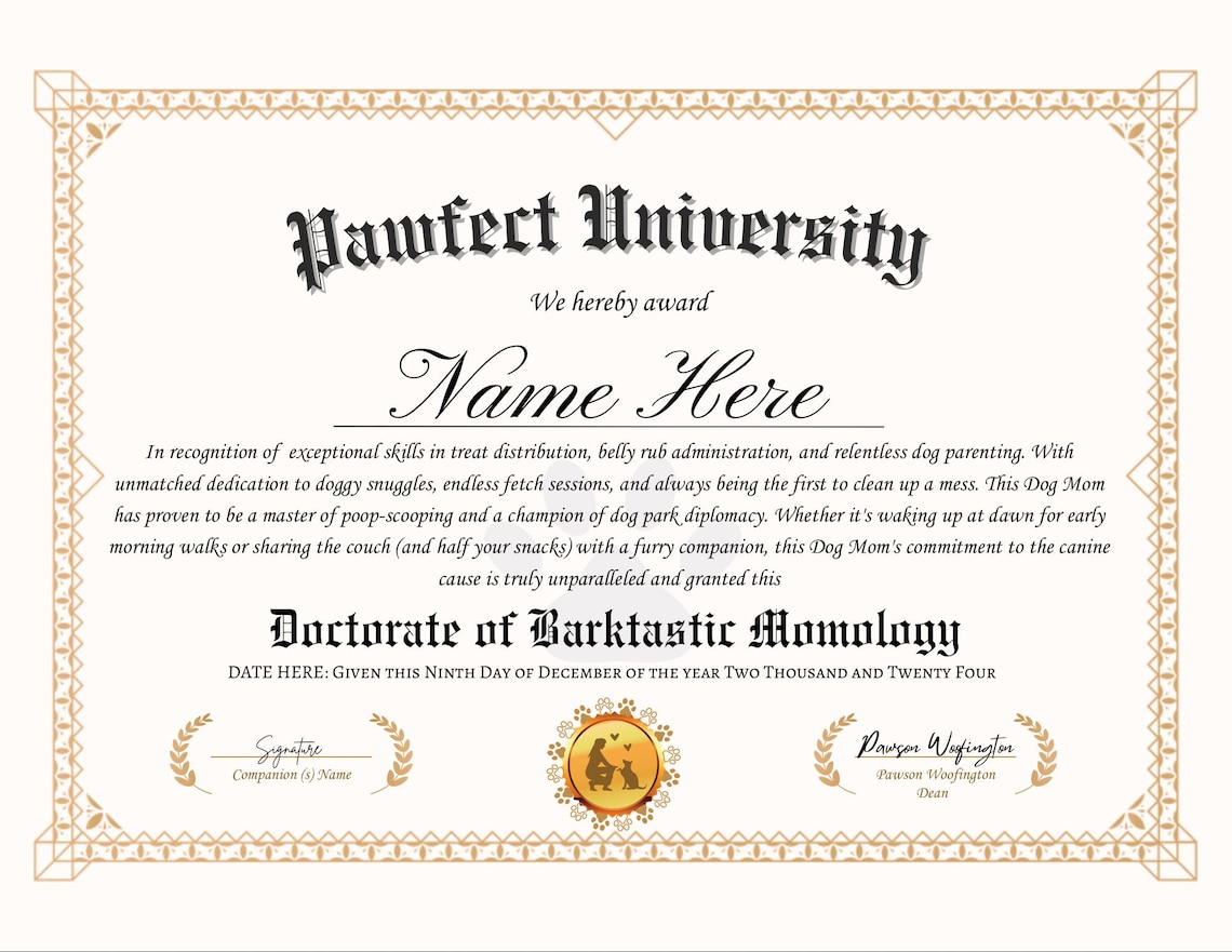 Custom Dog Mom Degree – Fun Pet Certificate Diploma Personalized Gift ...