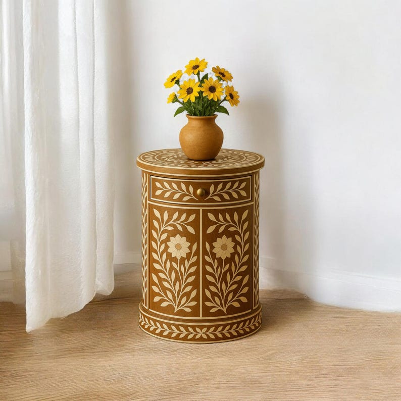 Bone Inlay Side Table With Drawer | Handmade Round Accent Table ...