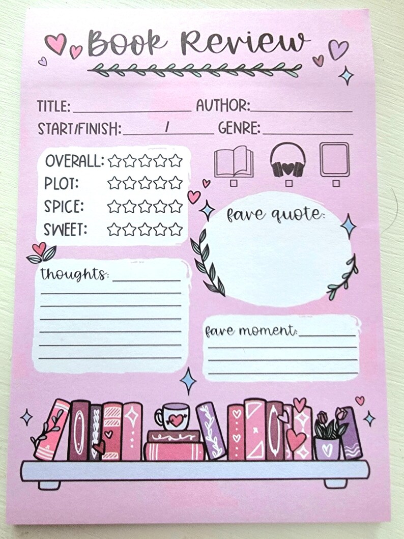 Cute Pink Book Review Notepad, Bookish Stationery (40 Sheets) - Etsy