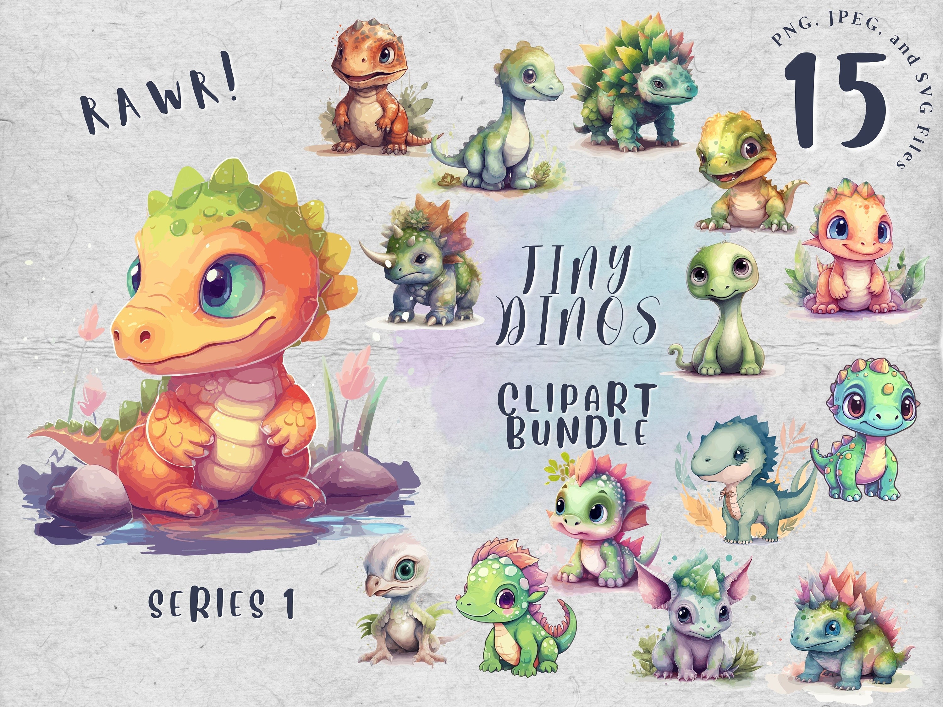 Tiny Dinos Watercolor Clipart Bundle 1 Dinosaurs Cute - Etsy