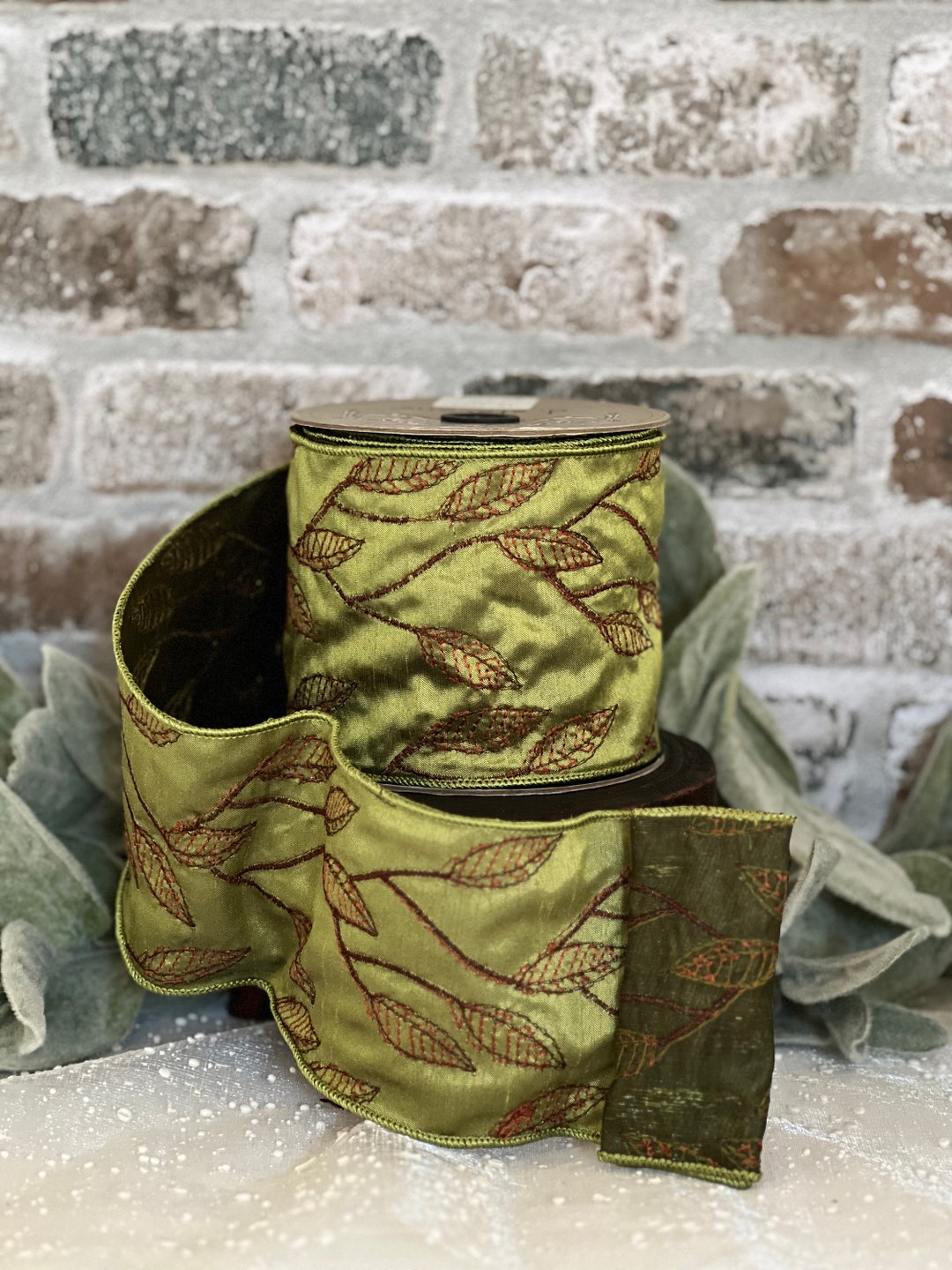 Dupion Ribbon D Stevens Green moss/sea With Copper Embroidered Leaves 4 ...