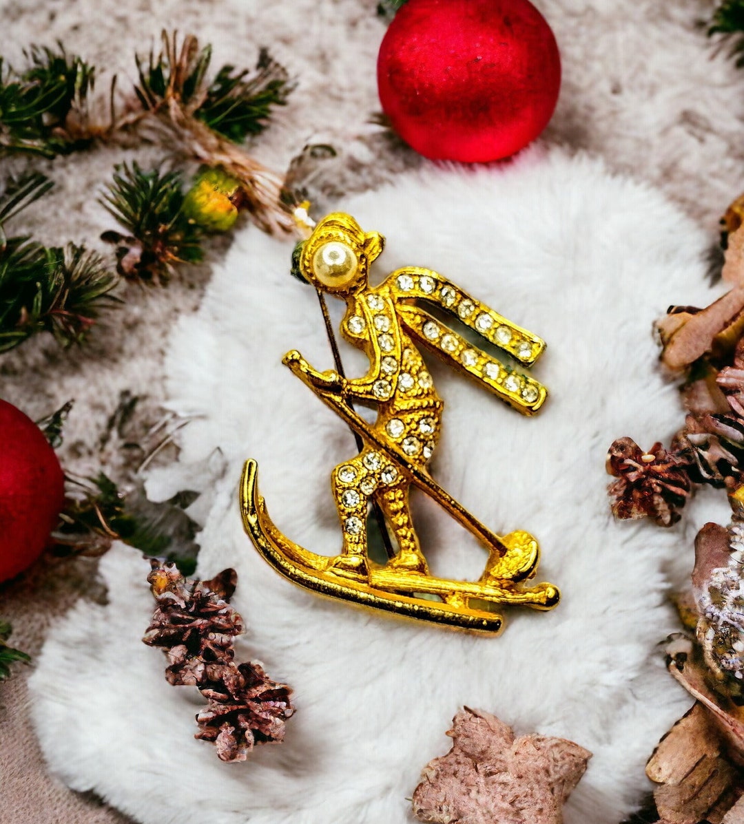 Vintage Jewelry Pin Winter Skier, Gold Snow Skiing Pin, Holiday Jewelry ...