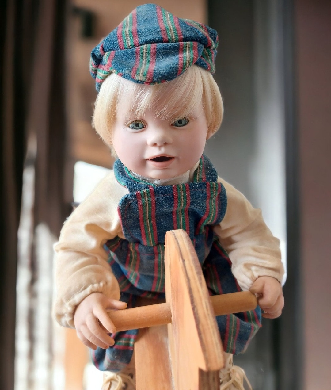 Vintage Blonde Boy Porcelain Toy Doll on Rocking Horse, Rare Find ...