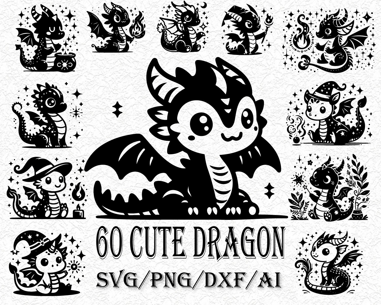 60 Cute Baby Dragon Svg & PNG Files, Fantasy Dragon Outline Clipart ...