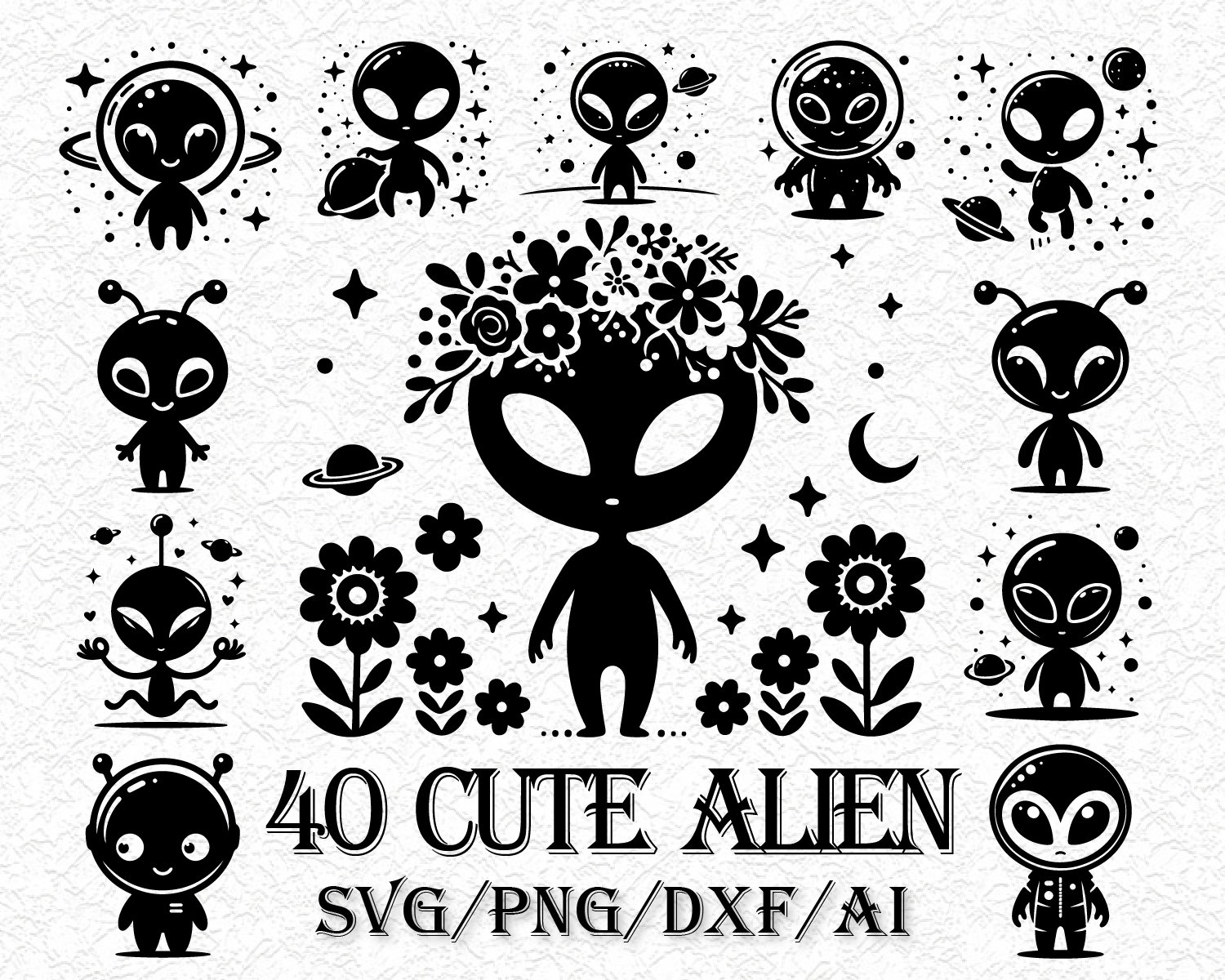 40 Cute Alien Svg Bundle Green Alien Head Alien Outline Svg File Cute ...