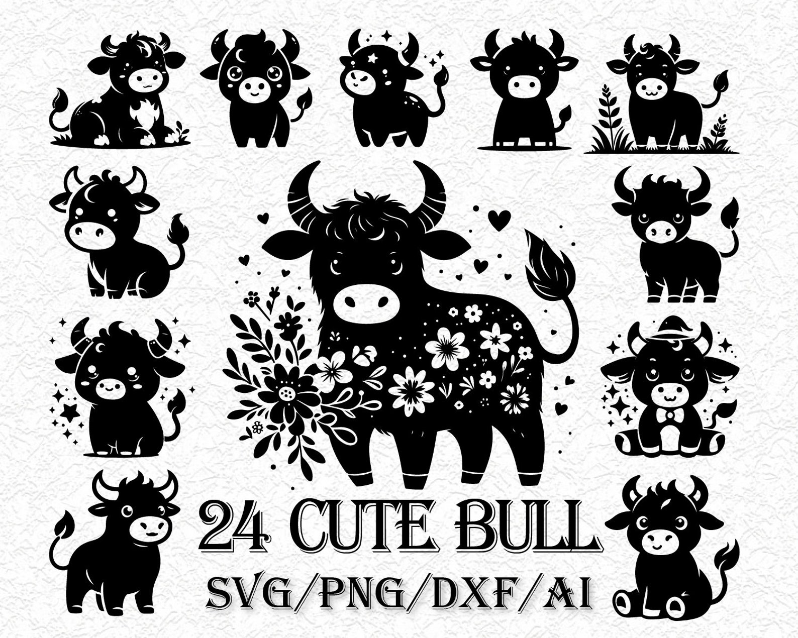 Cute Cow SVG Bundle | Baby Bull Silhouette Cut File for Cricut | Kawaii ...