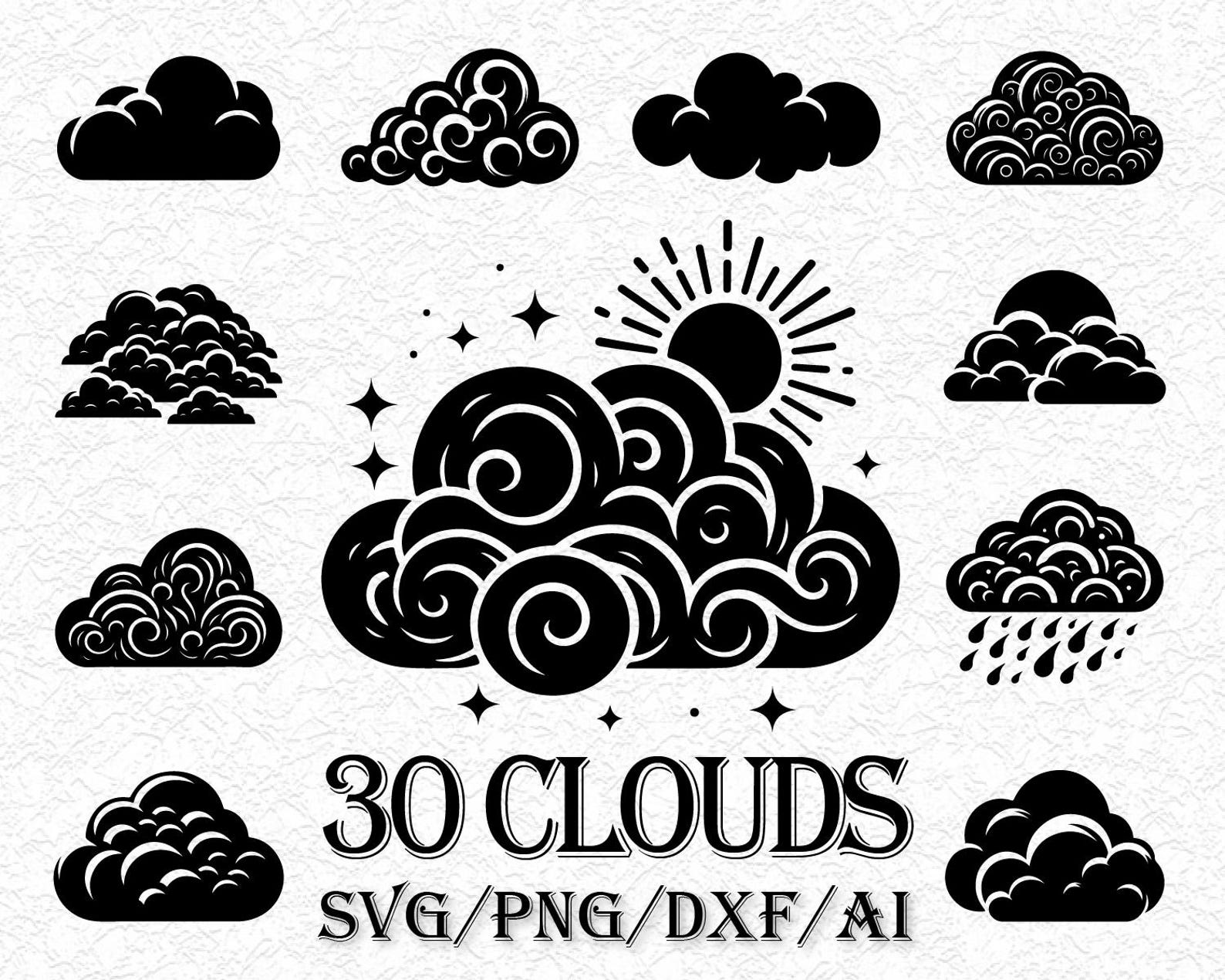 30 Cloud Svg Bundle, Weather Cloud Svg, Thunderclouds Svg, Weather SVG ...