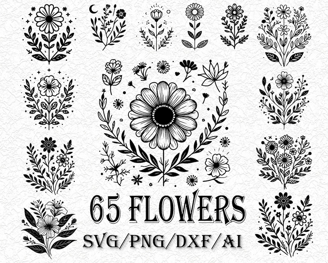 65 Flowers SVG Bundle, Flowers Clipart, Leaves Svg, Rose SVG, Circut Cut Files Silhouette ...