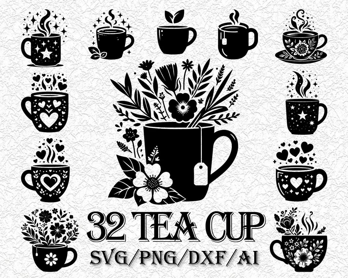 32 Tea & Coffee Cup SVG Bundle: Floral Mug Vector Graphics (digital ...