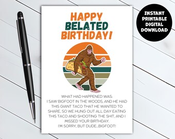 Printable Bigfoot Birthday Card | Instant Digital Download | Funny 5X7 ...