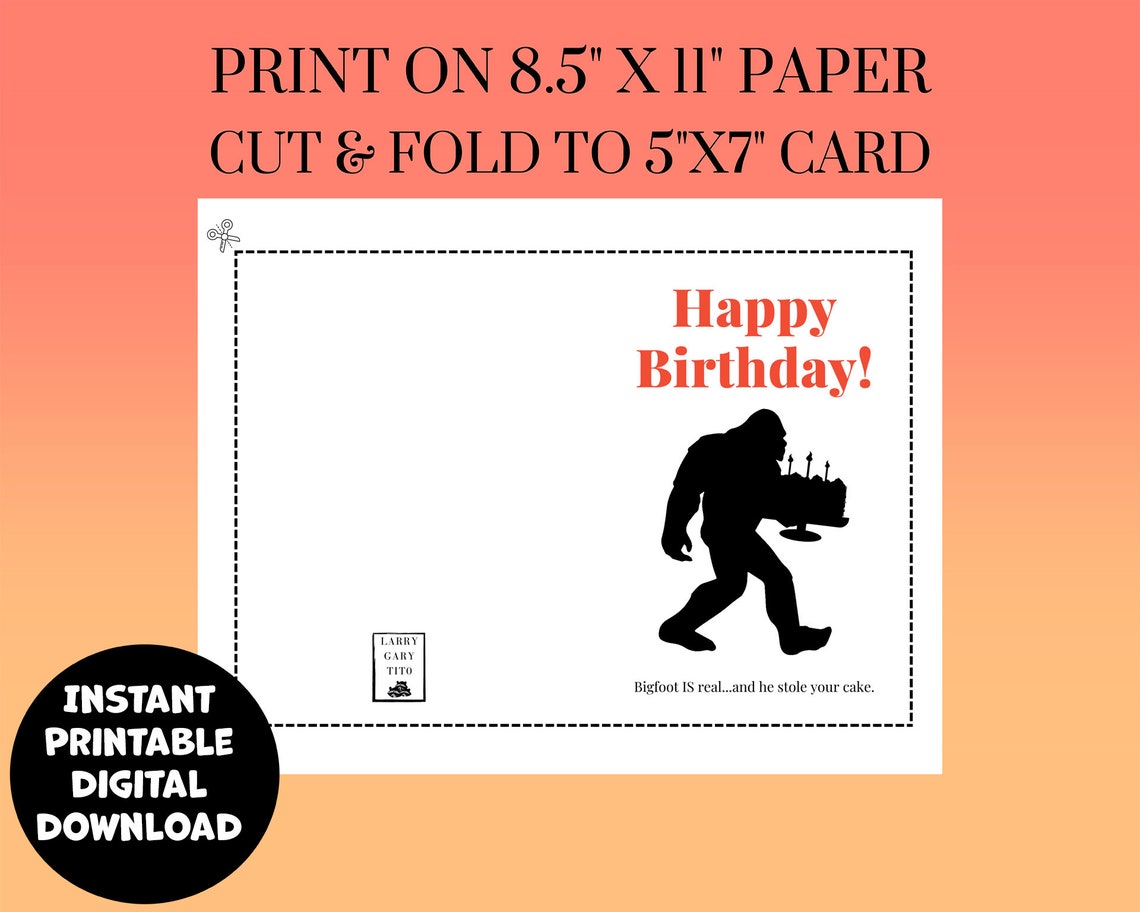 Printable Bigfoot Birthday Card | Instant Digital Download | Funny 5X7 ...