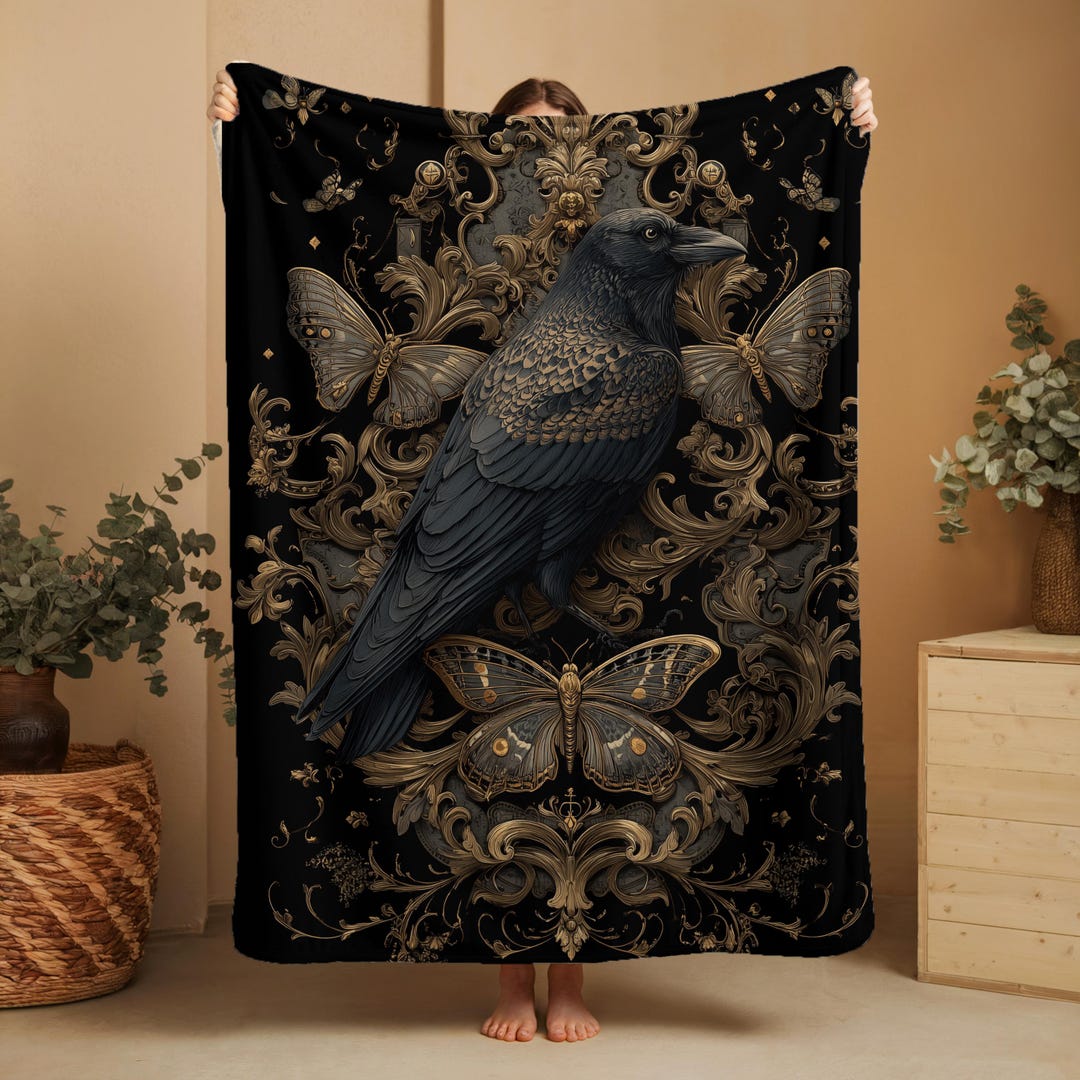 Gothic Raven Woven Throw Blanket – Baroque Gold Filigree • Dark ...