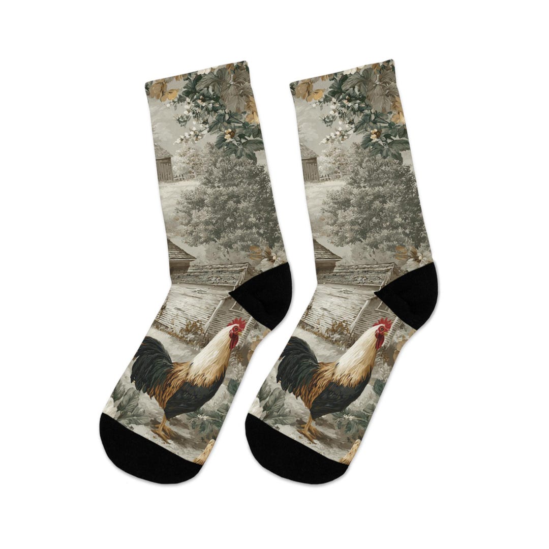 Vintage Farmhouse Rooster Socks – Rustic Country Barn Scene Socks ...