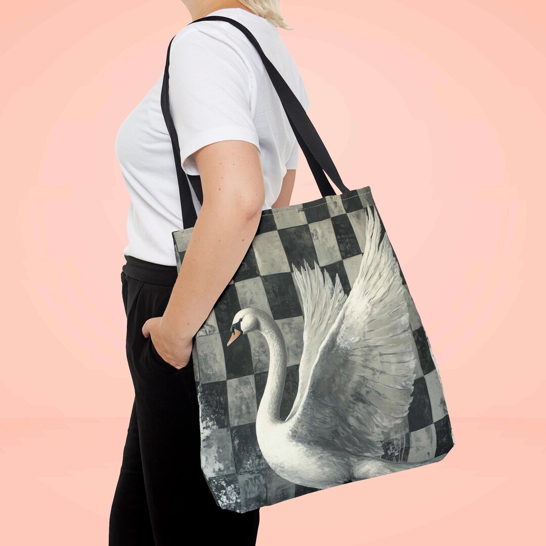 Swan Gift Tote, Checkered, Swan Bag, Swan Drawing, Gift for Her ...