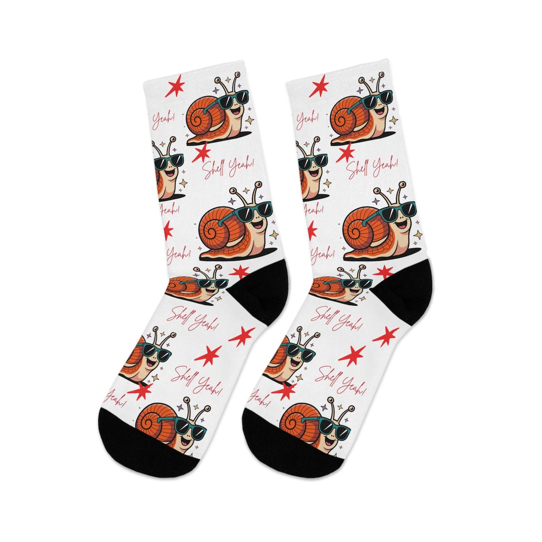 Shell Yeah Snail Socks – Funny Snail Pun Crew Socks, Cute Cartoon Snail ...