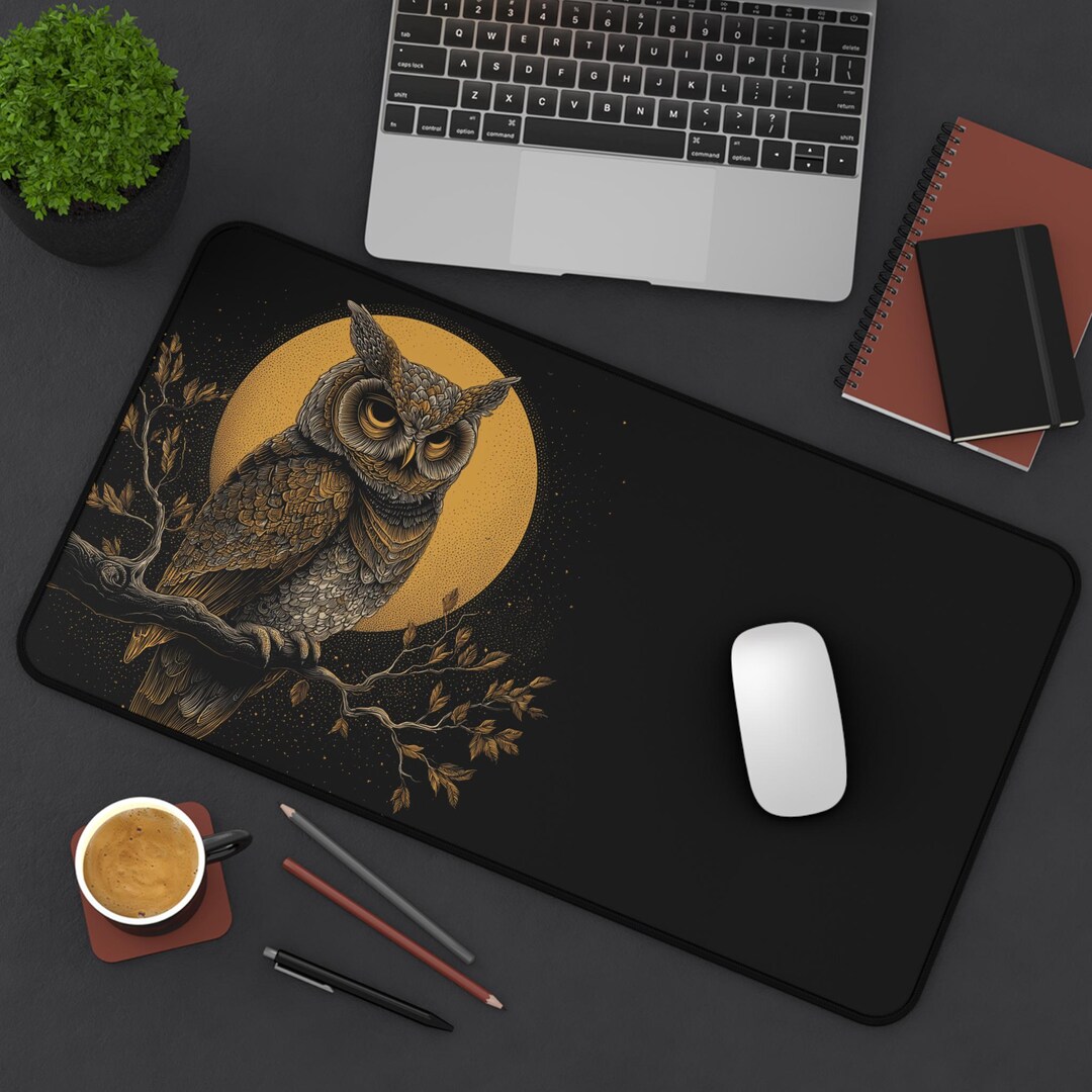Golden Owl Desk Mat, Fantasy Animal Mouse Pad, Black Background Office ...