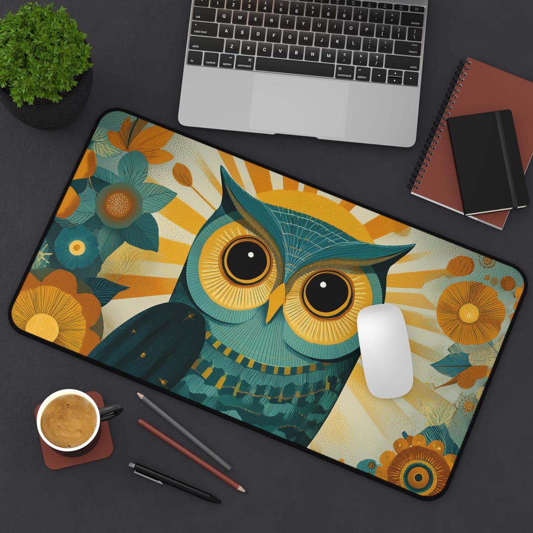 Retro Owl Desk Mat | Colorful Sunburst Floral Mouse Pad | Boho Folk Art ...