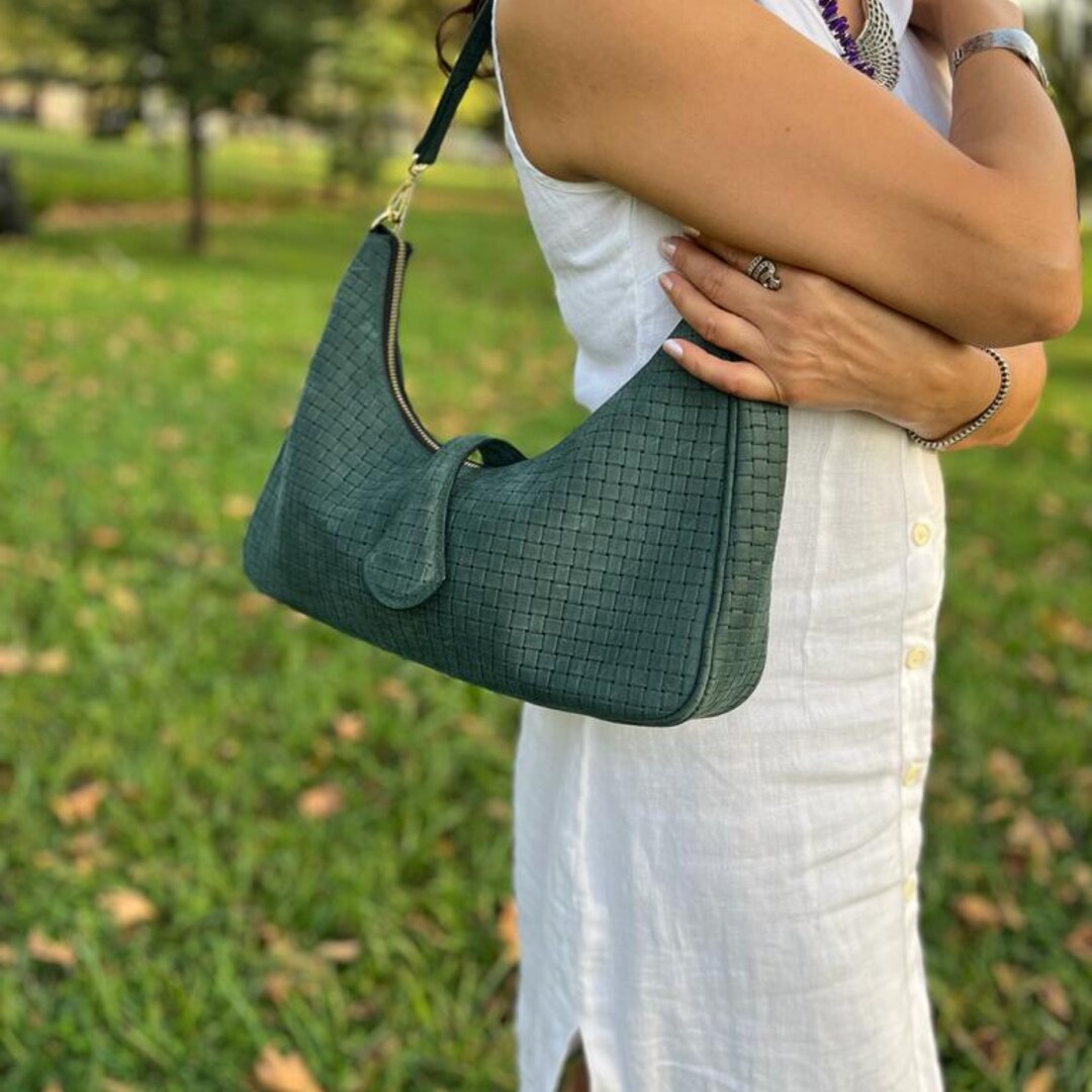 Green Leather Hobo Bag for Women, Soft Tote With Braided Print ...