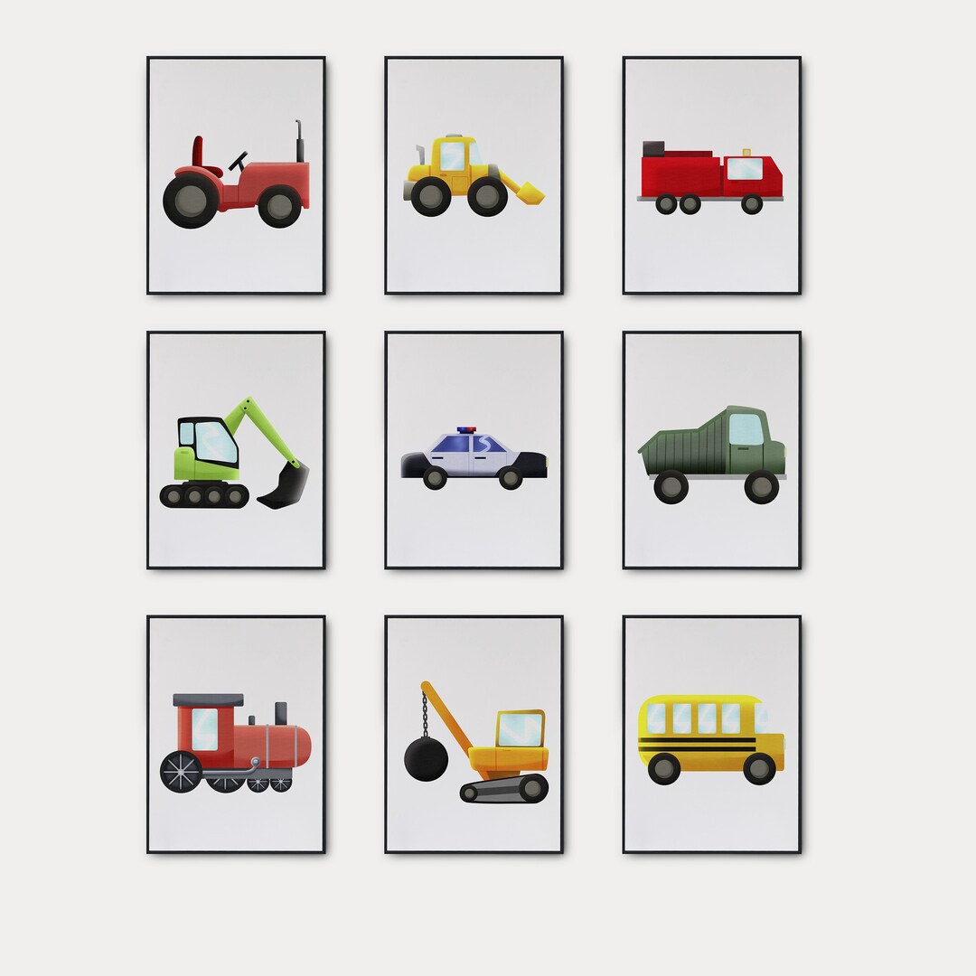 9 Nursery Vehicle Prints Set, Truck Vehicles Posters, Car Truck Prints ...
