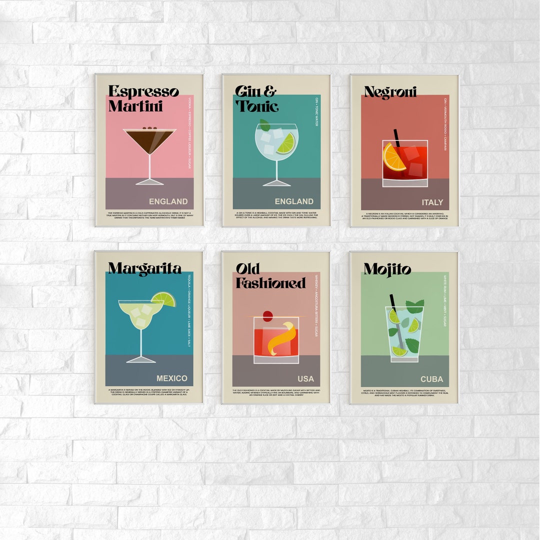 Cocktail Print Set of 6, Bar Wall Art Poster, Cocktail Art Print ...
