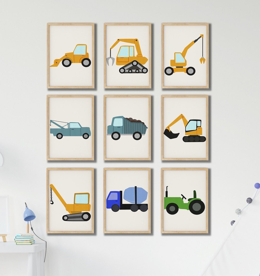 9 Construction Truck Wall Art Set, Construction Nursery Decor, Truck ...