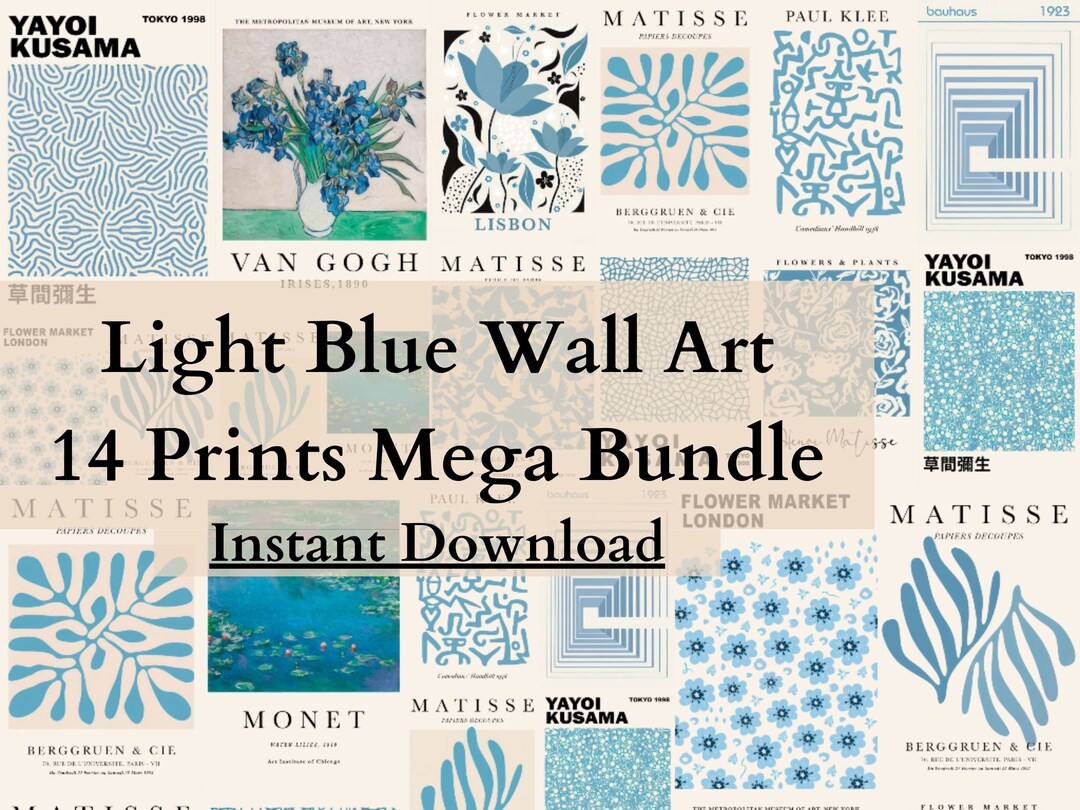 14 Light Blue Gallery Art Wall Set, Blue Wall Art, Blue Abstract Art ...