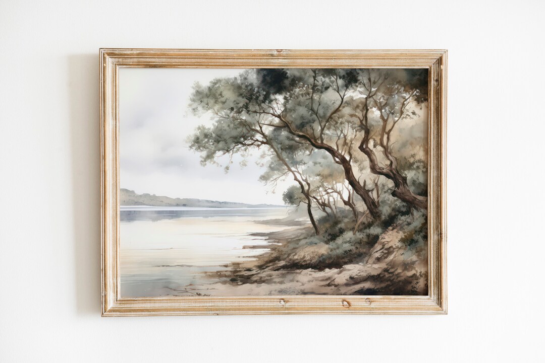 Muted Green Landscape Art Print, Riverside Wall Art, Vintage Riverside ...